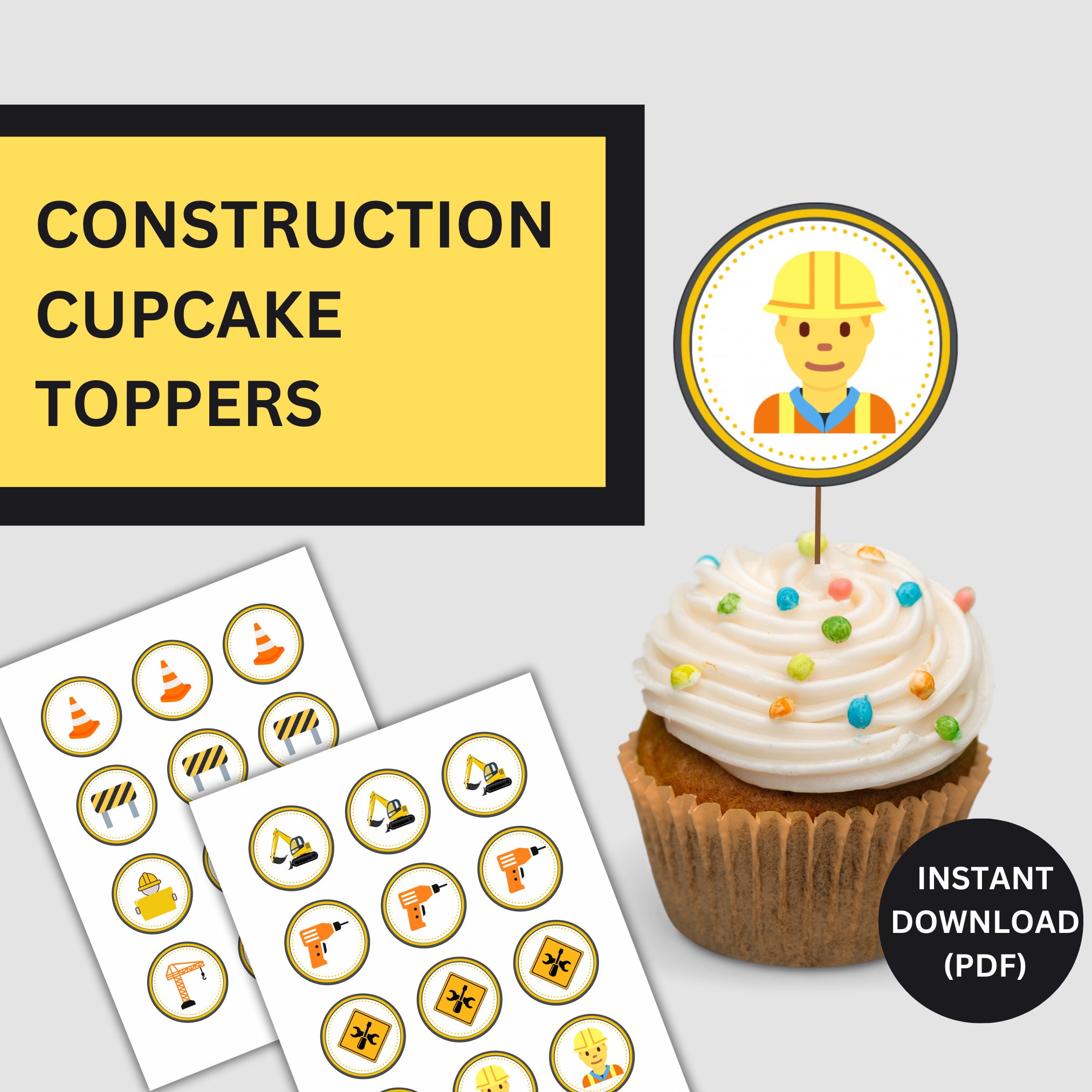 PRINTABLE Construction Cupcake Toppers, Construction Birthday Decor ...