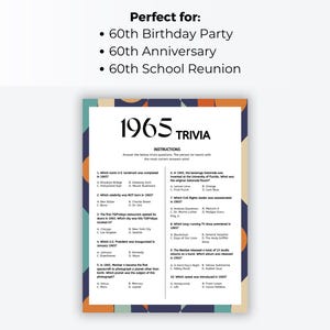 1965 Trivia, 1965 Trivia Game, Born in 1965, 60th Birthday Trivia Game ...