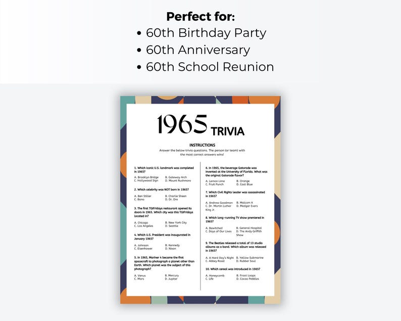 1965 Trivia, 1965 Trivia Game, Born in 1965, 60th Birthday Trivia Game ...