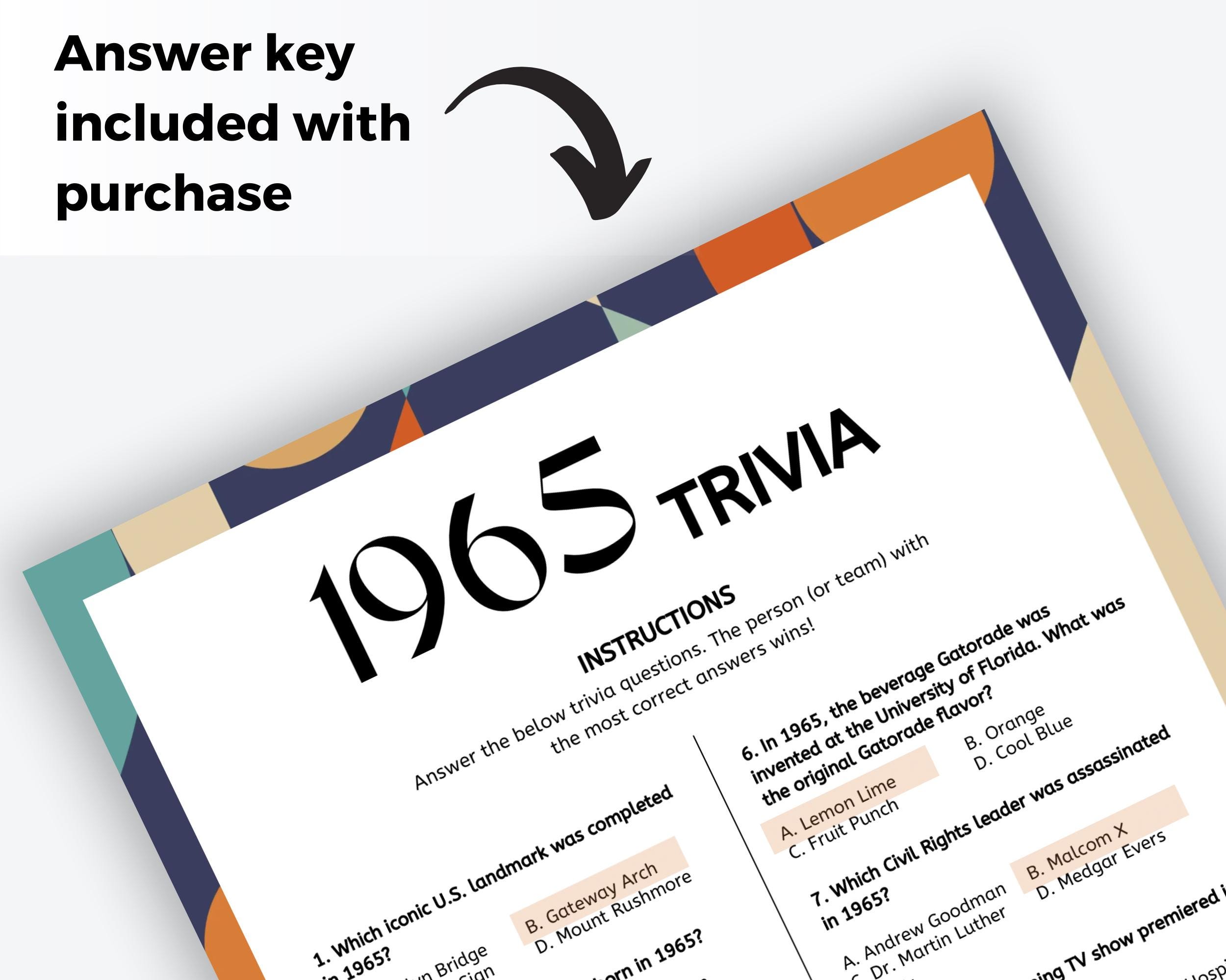 1965 Trivia, 1965 Trivia Game, Born in 1965, 60th Birthday Trivia Game ...