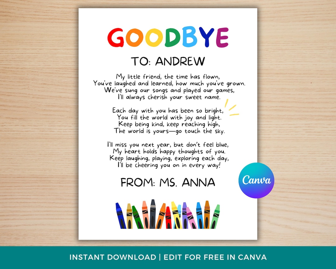 End of Year Poem From Preschool Teacher, Printable Goodbye Letter for ...