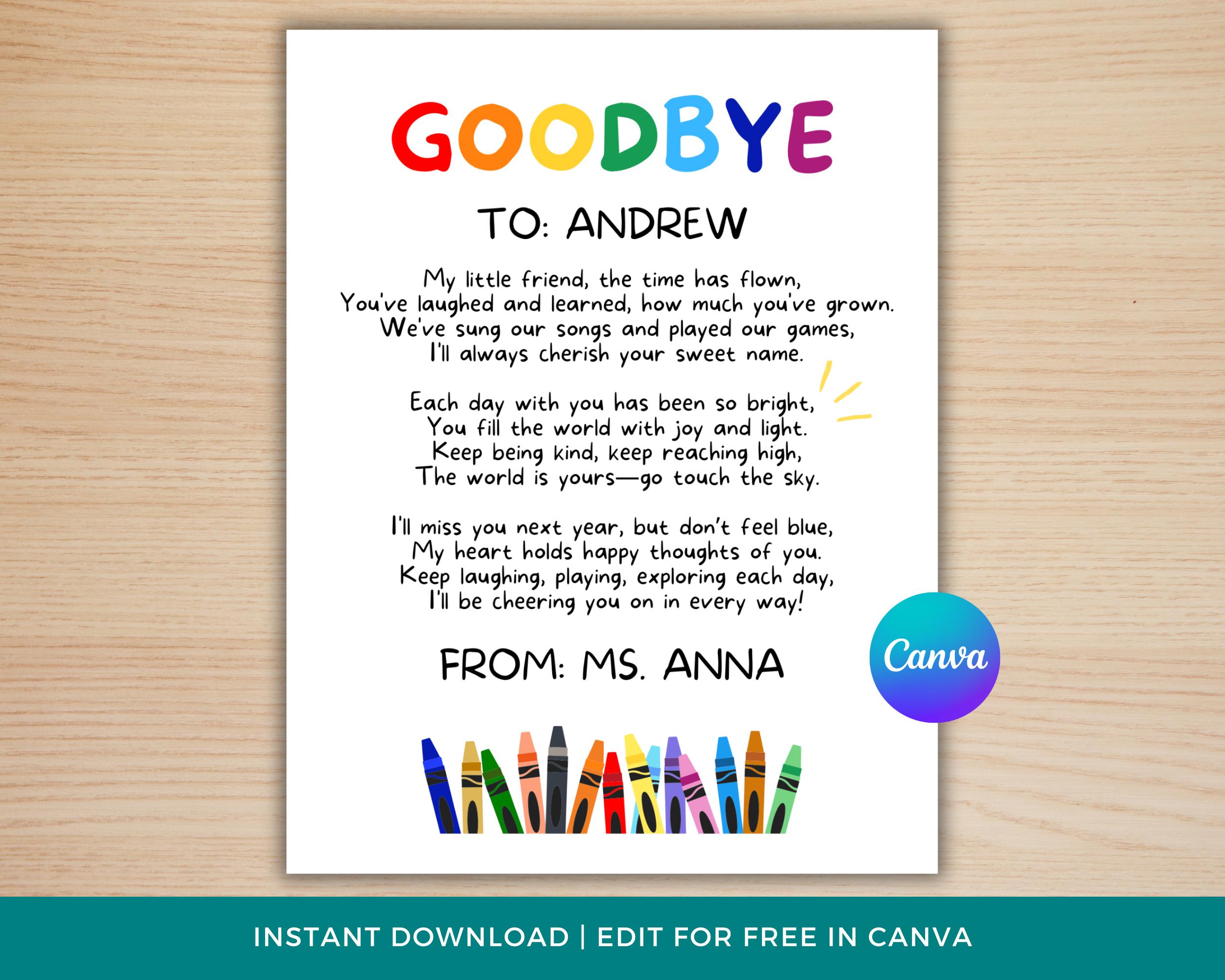 End of Year Poem From Preschool Teacher, Printable Goodbye Letter for ...