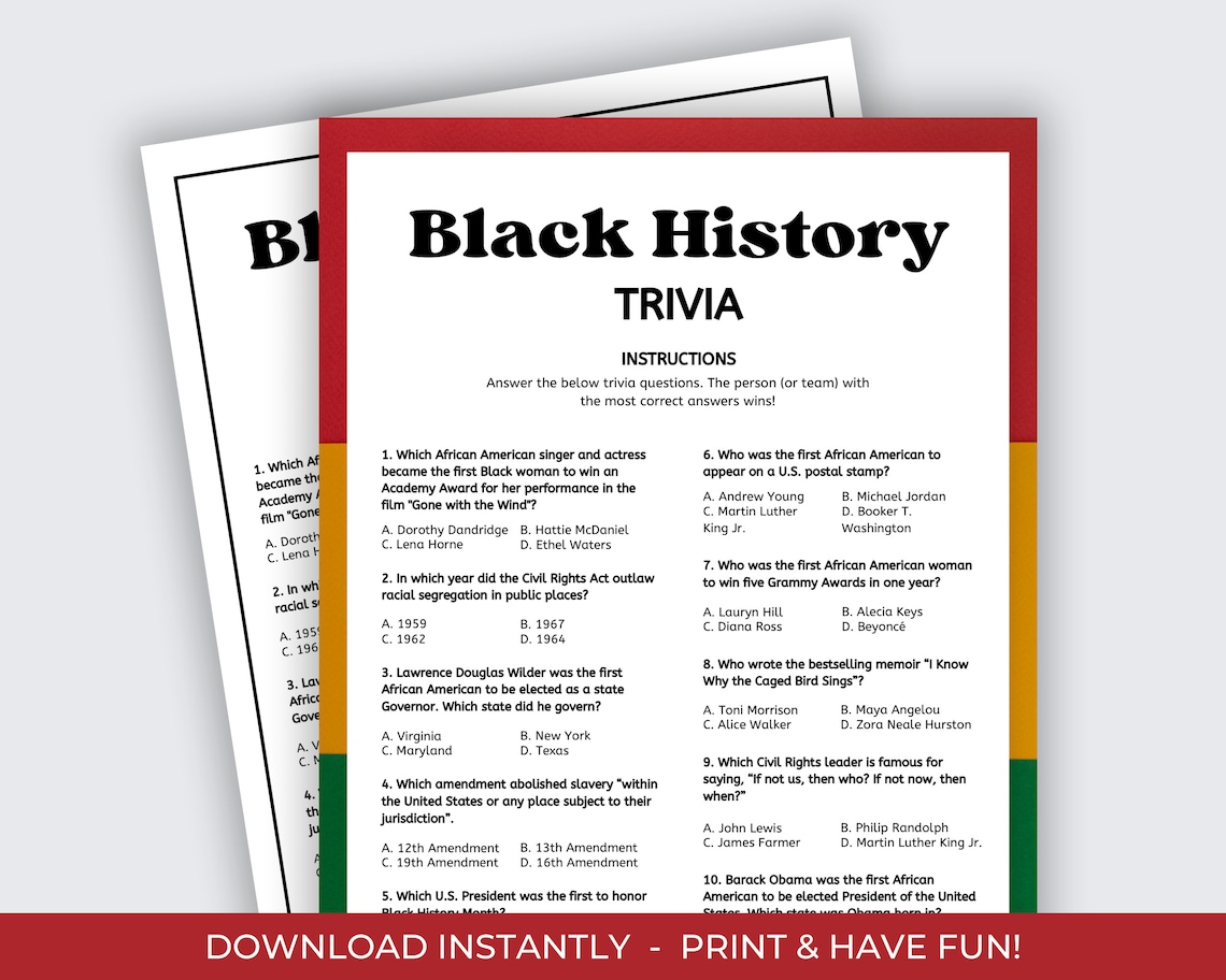 Black History Trivia Game, Printable Black History Month Activity for ...