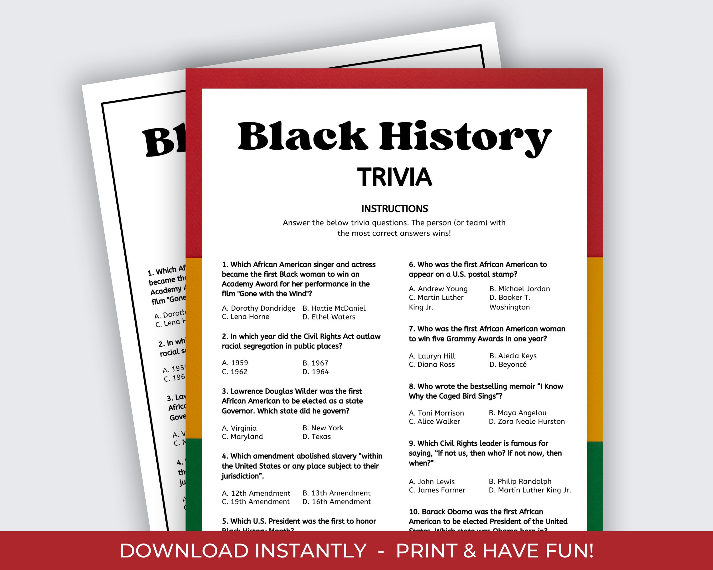 Black History Trivia Game, Printable Black History Month Activity for ...