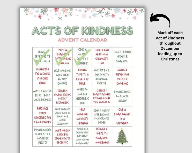 Kindness Advent Calendar, Christmas Acts of Kindness, Giving Back ...