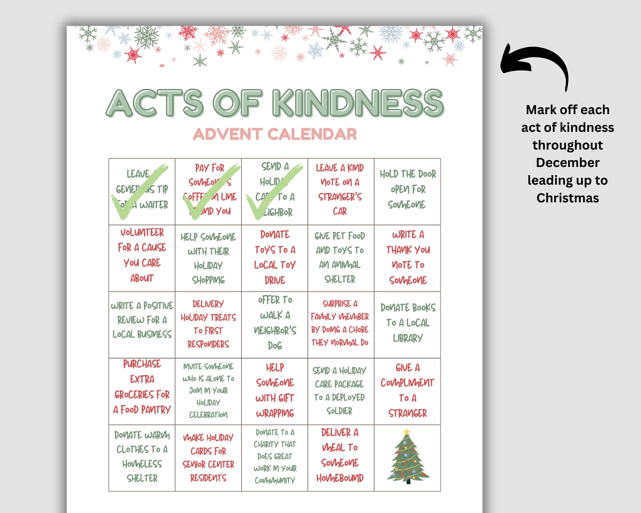 Kindness Advent Calendar: Christmas Holiday Acts (printable PDF) - Etsy