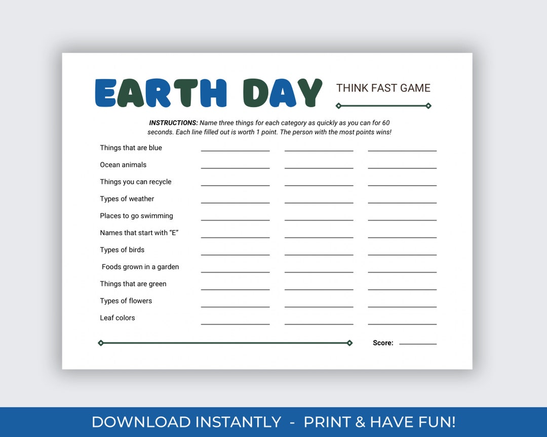 Earth Day Think Fast Game, Earth Day Activity for Classrooms ...