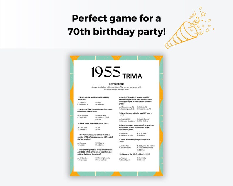 1955 Trivia Game, 70th Birthday Trivia, 1955 Birthday, Born in 1955 ...