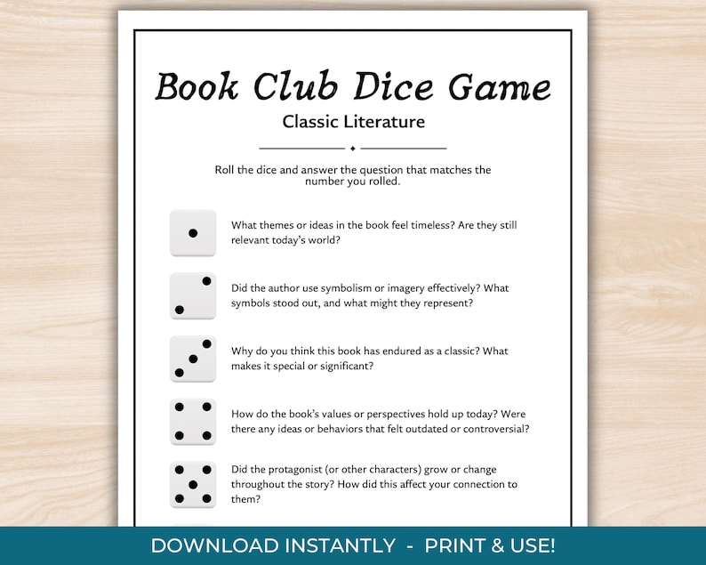 Book Club Dice Game for Classic Literature Books, Printable Book Club ...