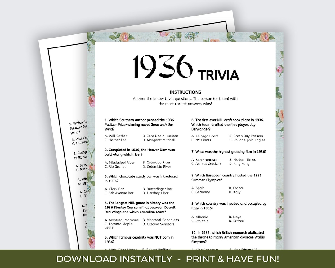 1936 Trivia Game, 90th Birthday Trivia, 1936 Birthday, Born in 1936 ...