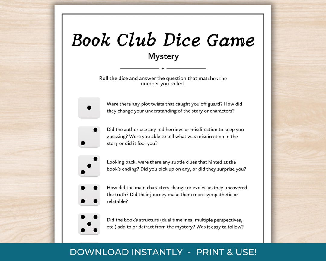 Book Club Dice Game for Mystery Books, Printable Book Club Activity ...