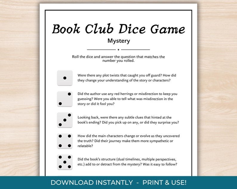 Book Club Dice Game for Mystery Books, Printable Book Club Activity ...