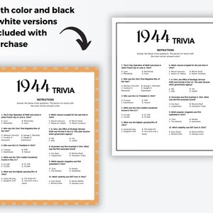 1944 Trivia Game, 80th Birthday Trivia, 1944 Birthday, Born in 1944 ...