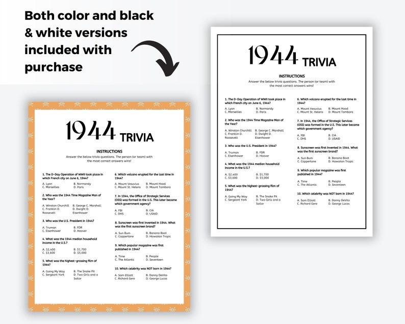 1944 Trivia Game, 80th Birthday Trivia, 1944 Birthday, Born in 1944 ...