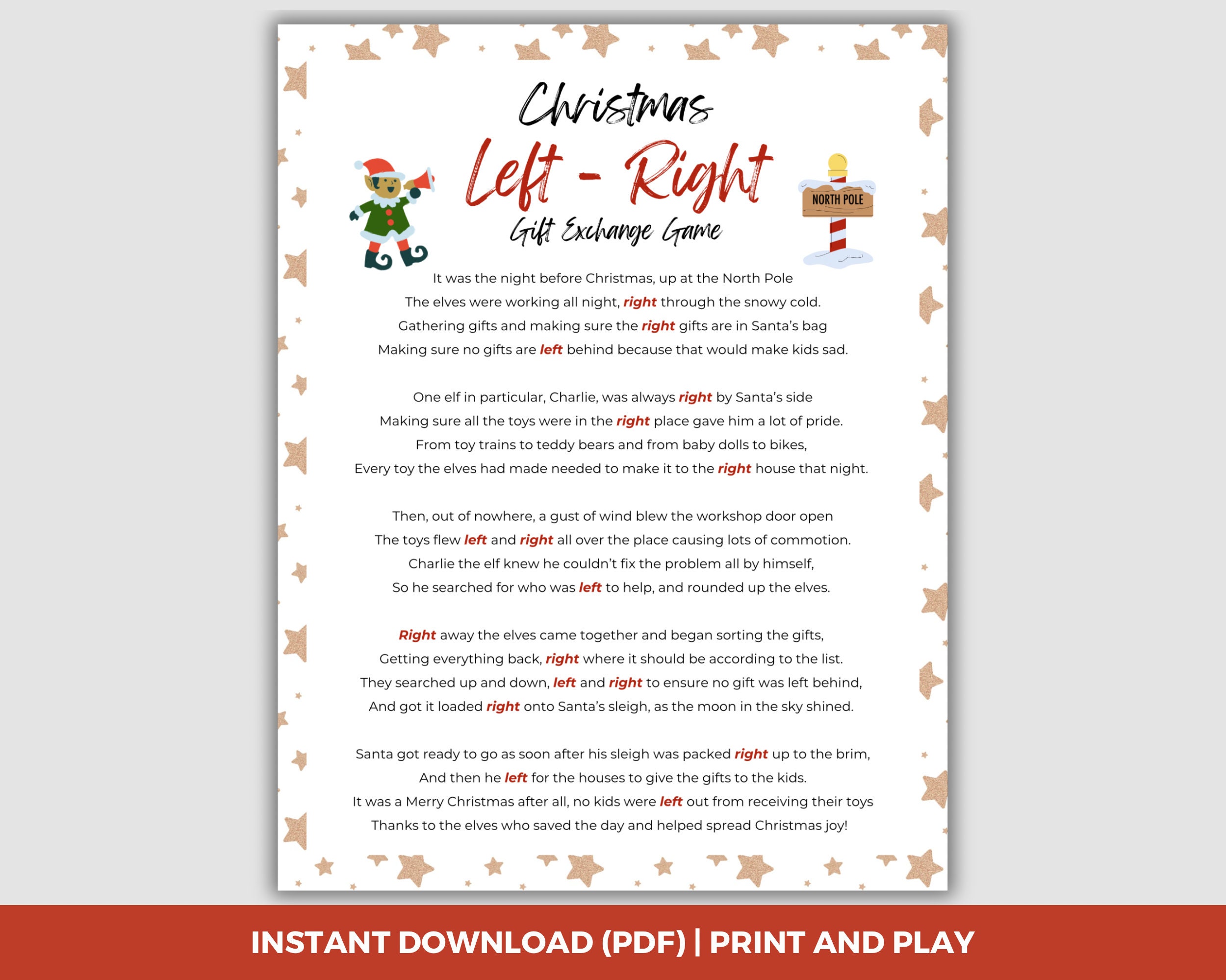Left Right Christmas Game With Elf Poem, Gift Exchange Game, White ...
