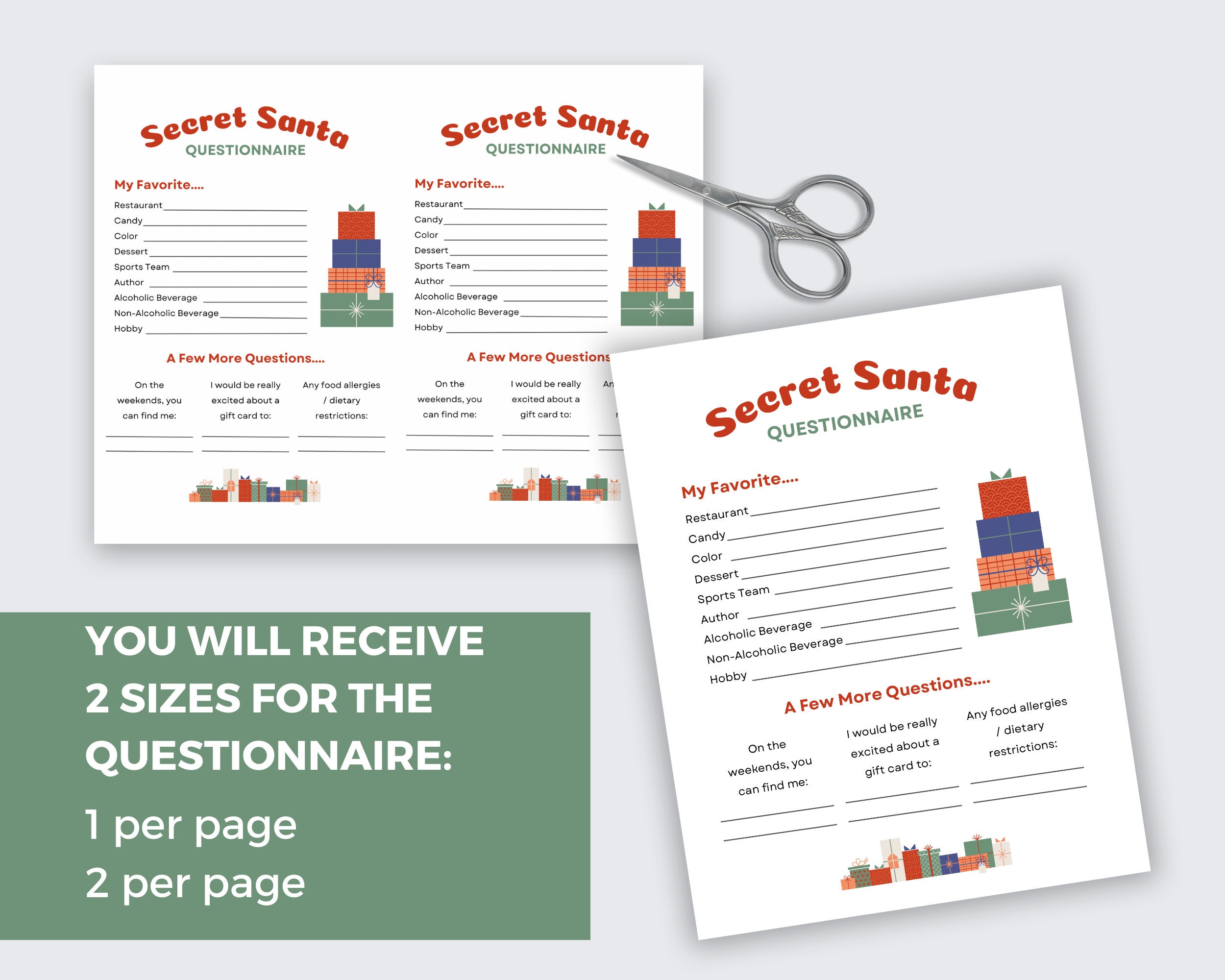 Secret Santa Questionnaire for Coworkers, Printable Secret Santa Form ...