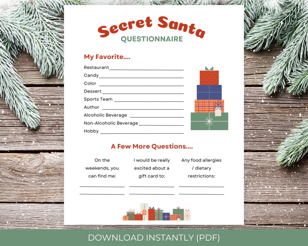 Secret Santa Questionnaire for Coworkers, Printable Secret Santa Form ...