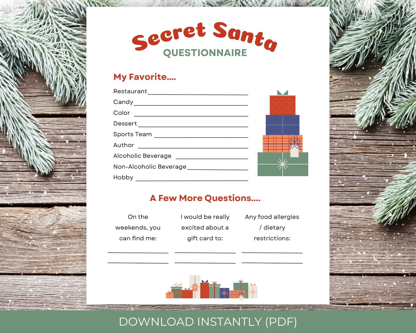 Secret Santa Questionnaire for Coworkers, Printable Secret Santa Form ...