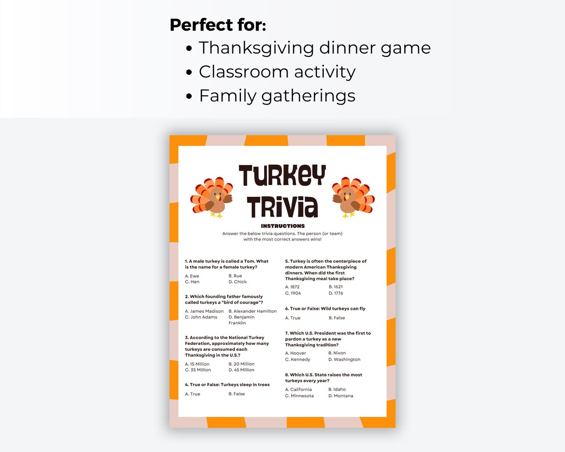 Turkey Trivia Game for Kids, Printable Family Thanksgiving Games ...