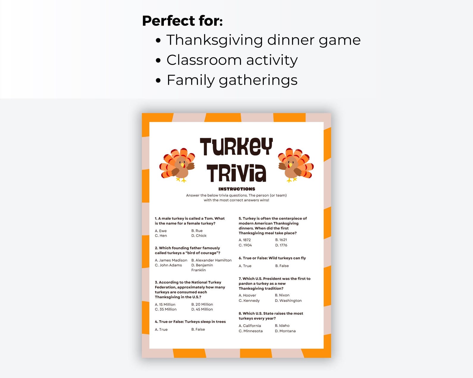 Thanksgiving Turkey Trivia Game: Family & Classroom Fun (printable PDF ...