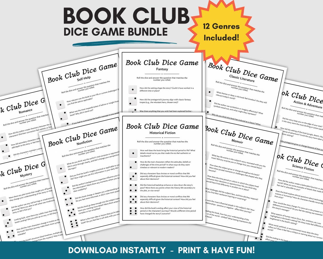Book Club Dice Game Bundle, Printable Book Club Activity, Book Club ...