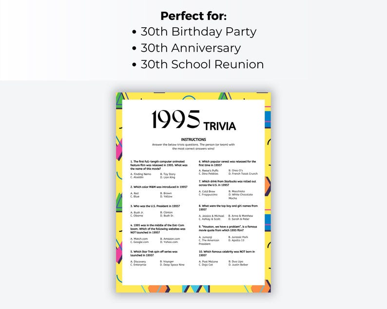 1995 Trivia Game, Born in 1995, 30th Birthday Game, 30th Anniversary ...