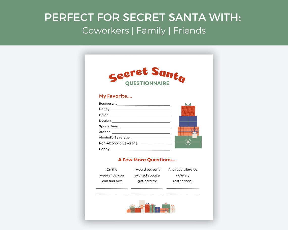 Secret Santa Questionnaire for Coworkers, Printable Secret Santa Form ...