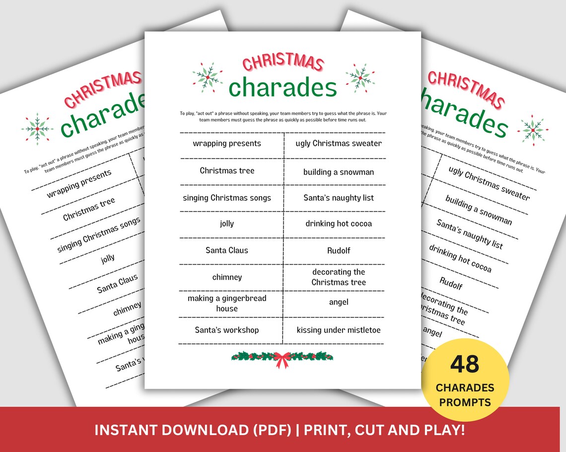 Christmas Charades Game, Printable Holiday Charades, Family Christmas ...