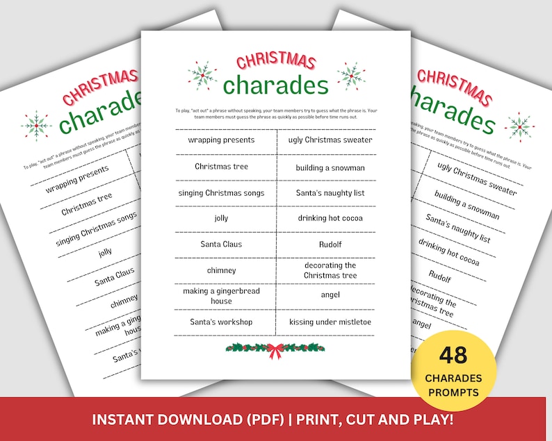 Christmas Charades Game, Printable Holiday Charades, Family Christmas ...