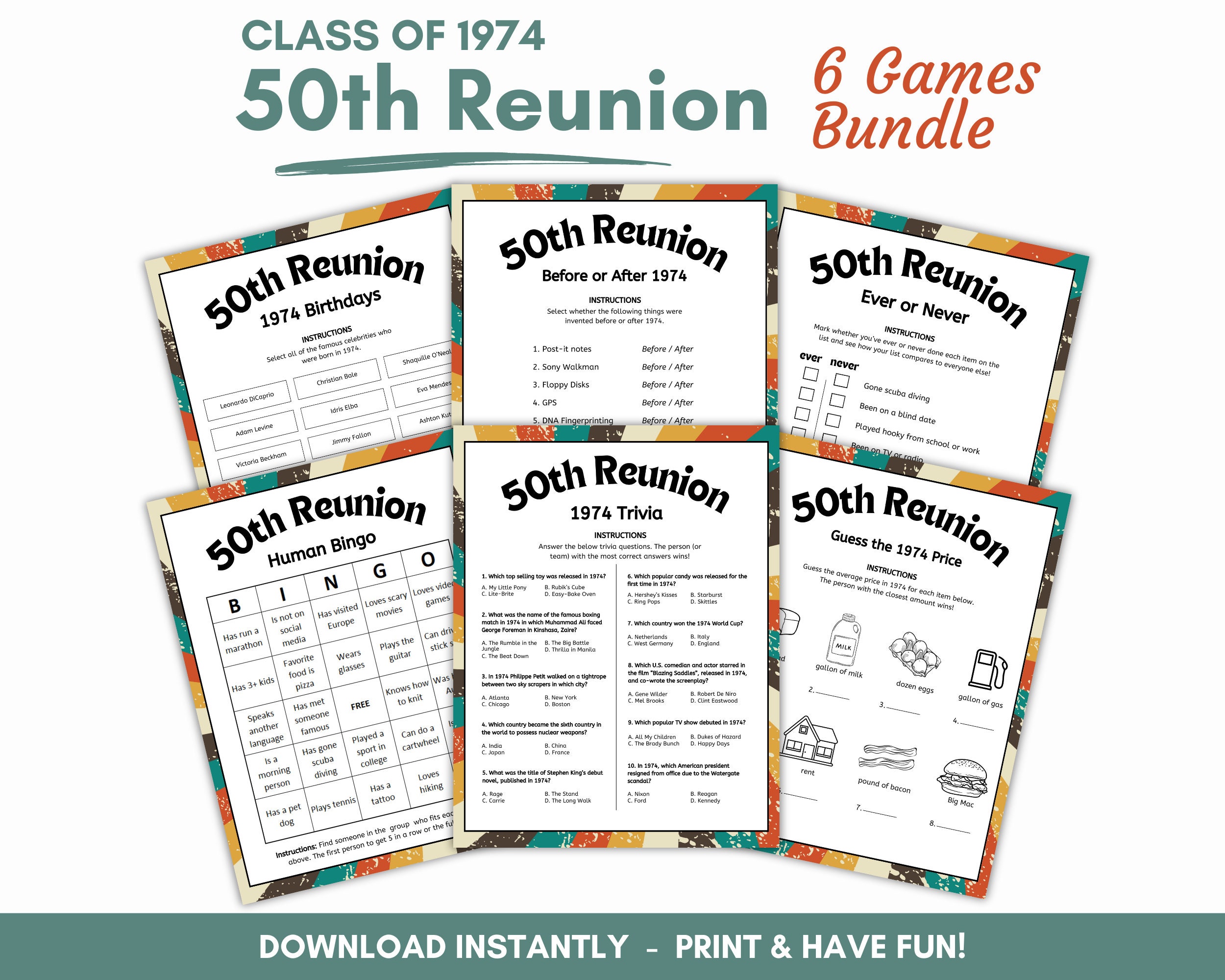 Class of 1974 50th Reunion Game Bundle, Back in 1974, 1974 Trivia Game ...