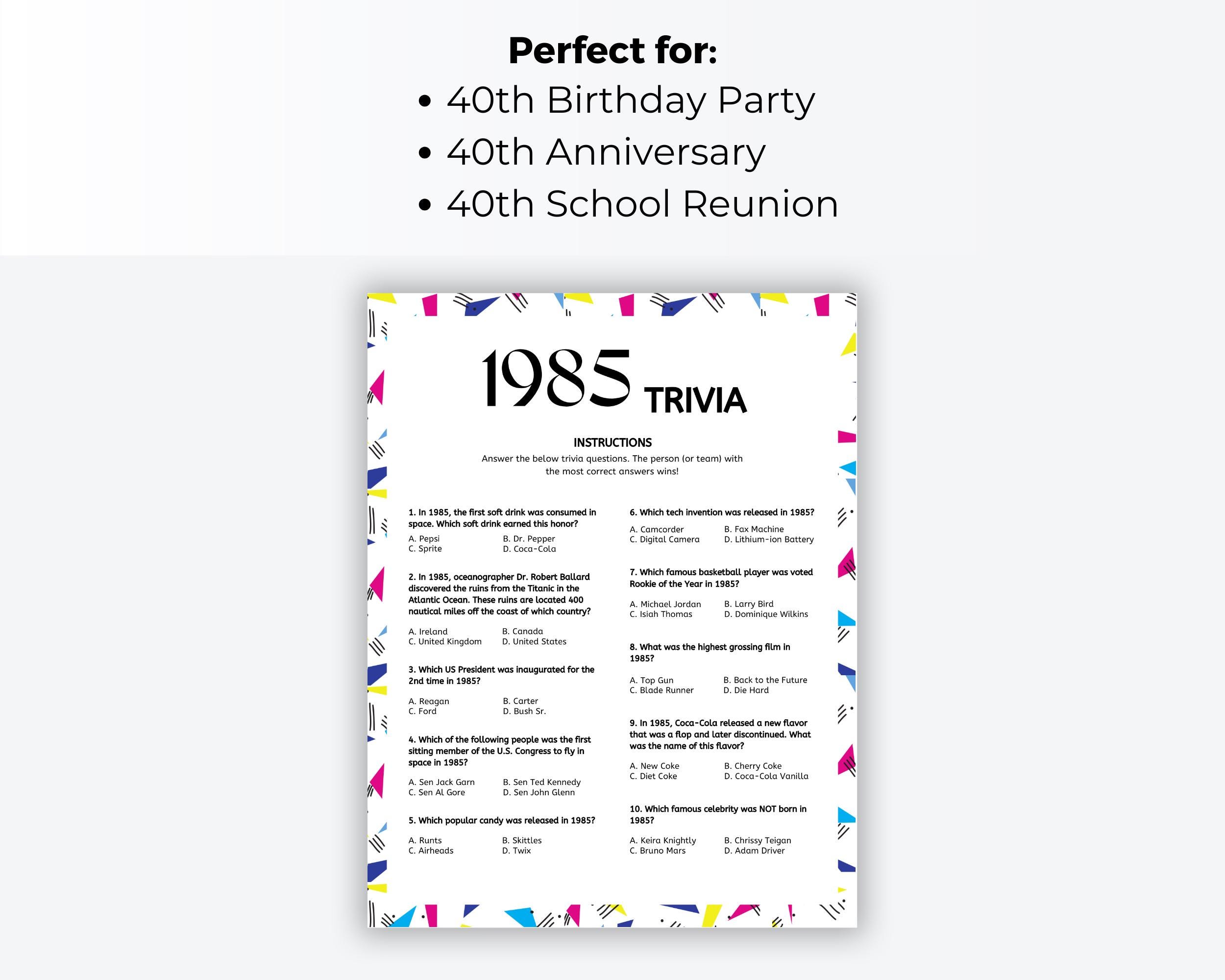 1985 Trivia Game, 40th Birthday Trivia, 1985 Birthday, Born in 1985 ...