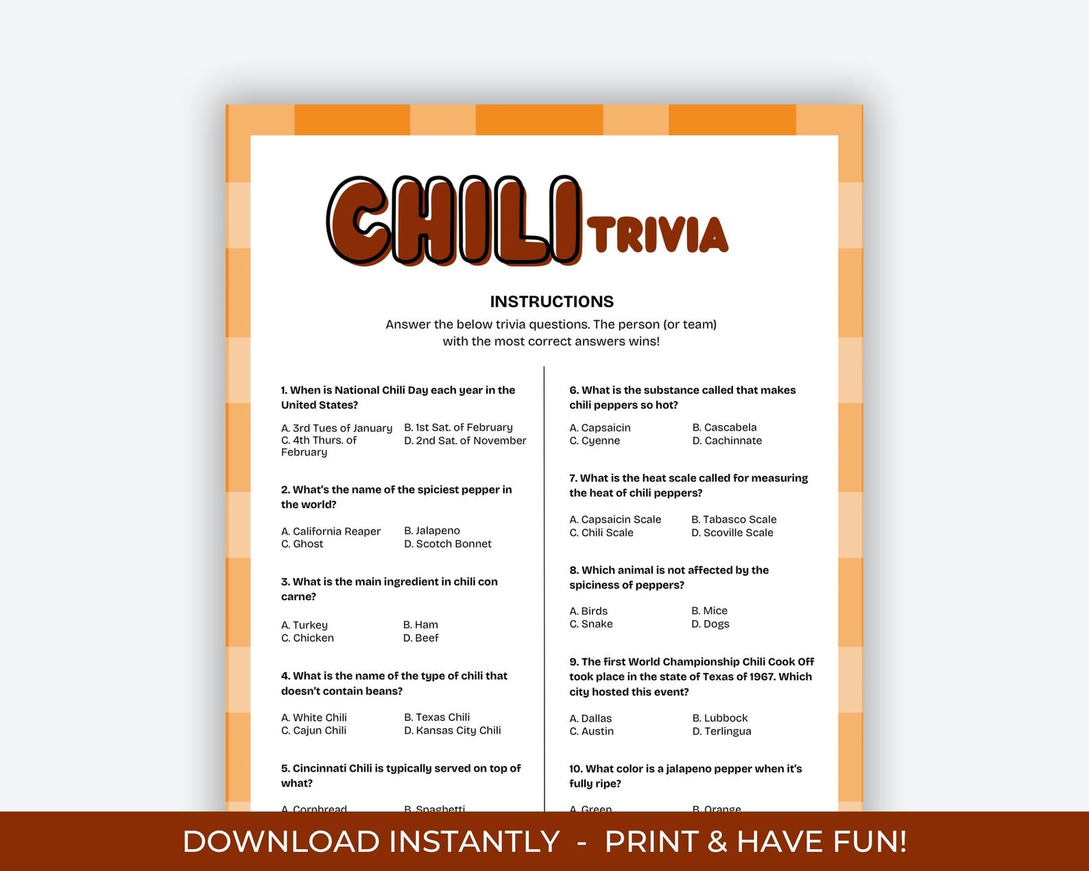 Chili Trivia Game for Chili Cook off Event or Chili Competition ...