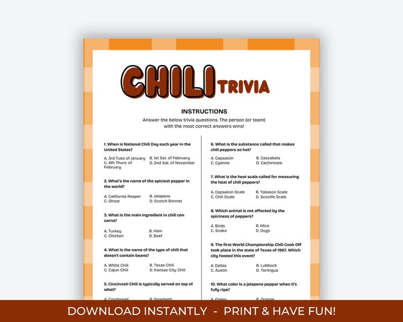 Chili Trivia Game for Chili Cook off Event or Chili Competition ...