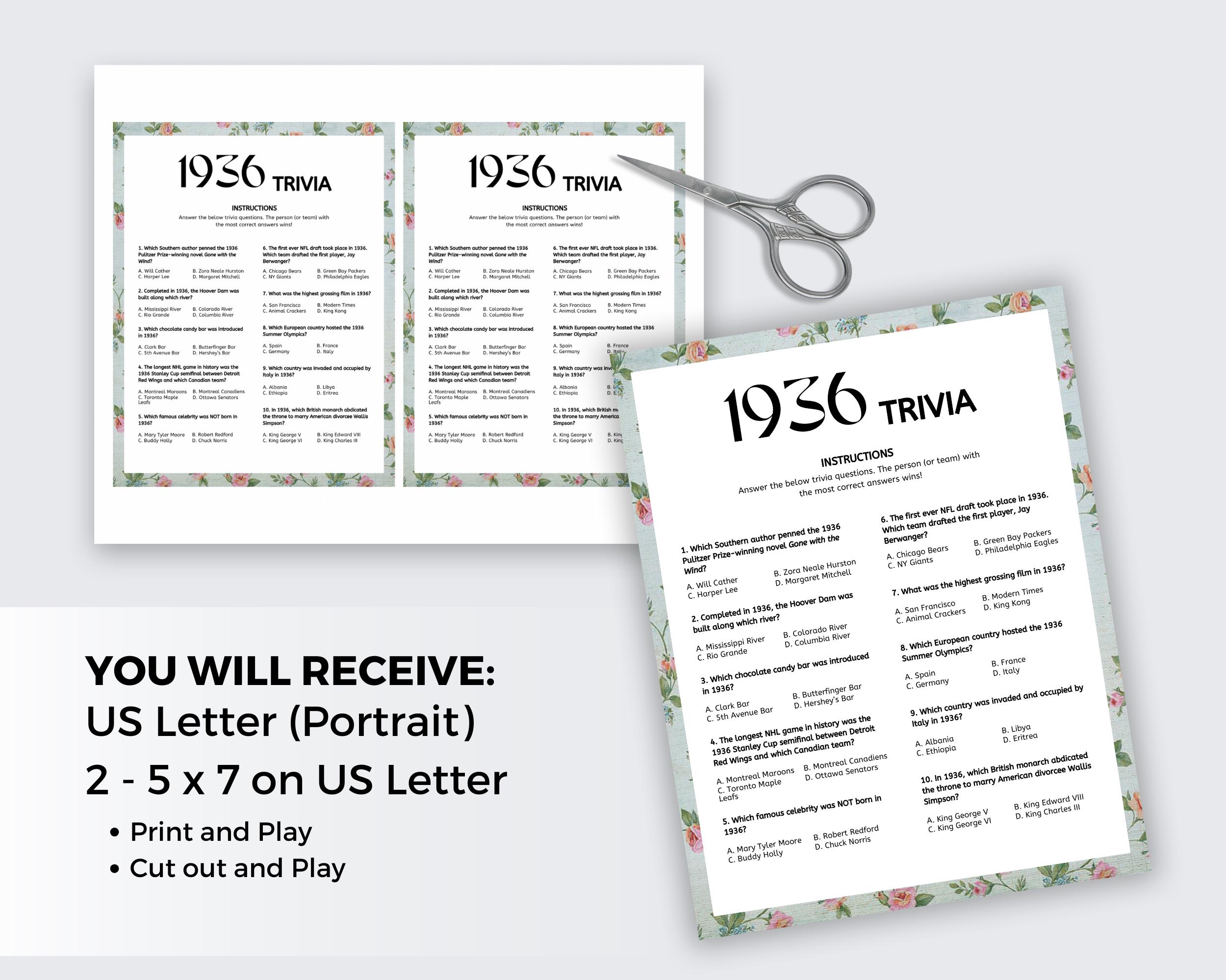 1936 Trivia Game, 90th Birthday Trivia, 1936 Birthday, Born in 1936 ...