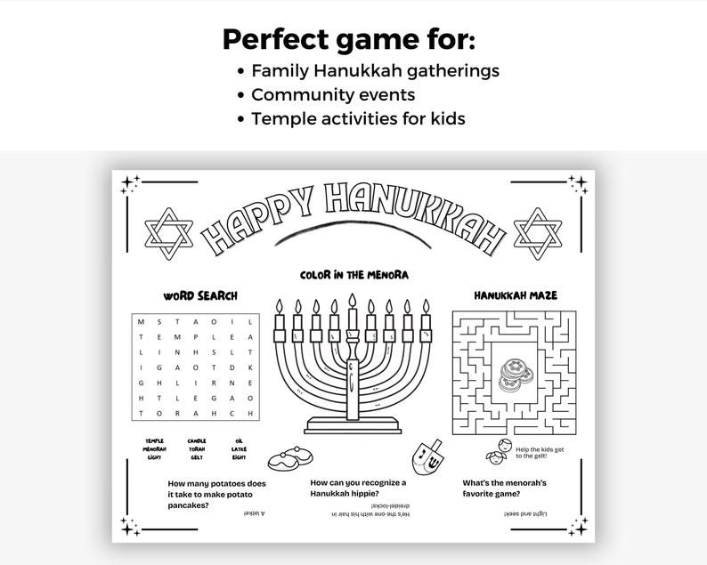 Hanukkah Activity Sheet: Kids Coloring Page, Maze, Word Search ...