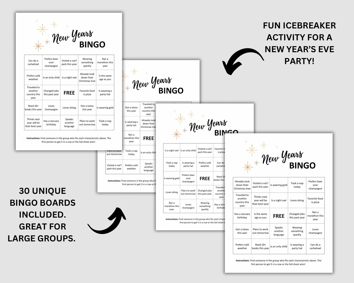 New Years Eve Mix and Mingle Bingo Printable, Holiday Icebreaker Bingo ...