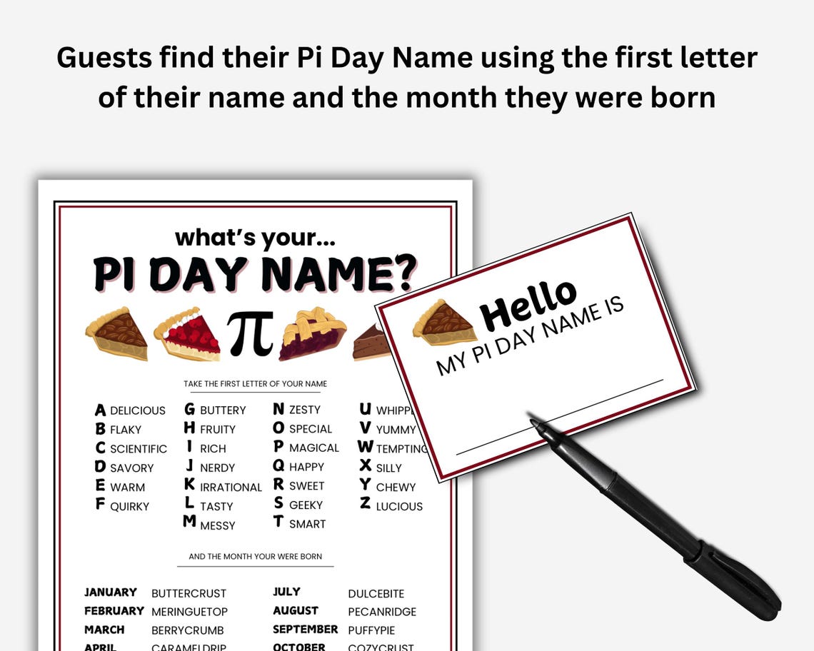 What's Your Pi Day Name Game, Pie Party Name Tags, Pi Day Activity for Kids and Adults, Fun ...