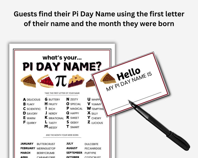 What's Your Pi Day Name Game, Pie Party Name Tags, Pi Day Activity for ...