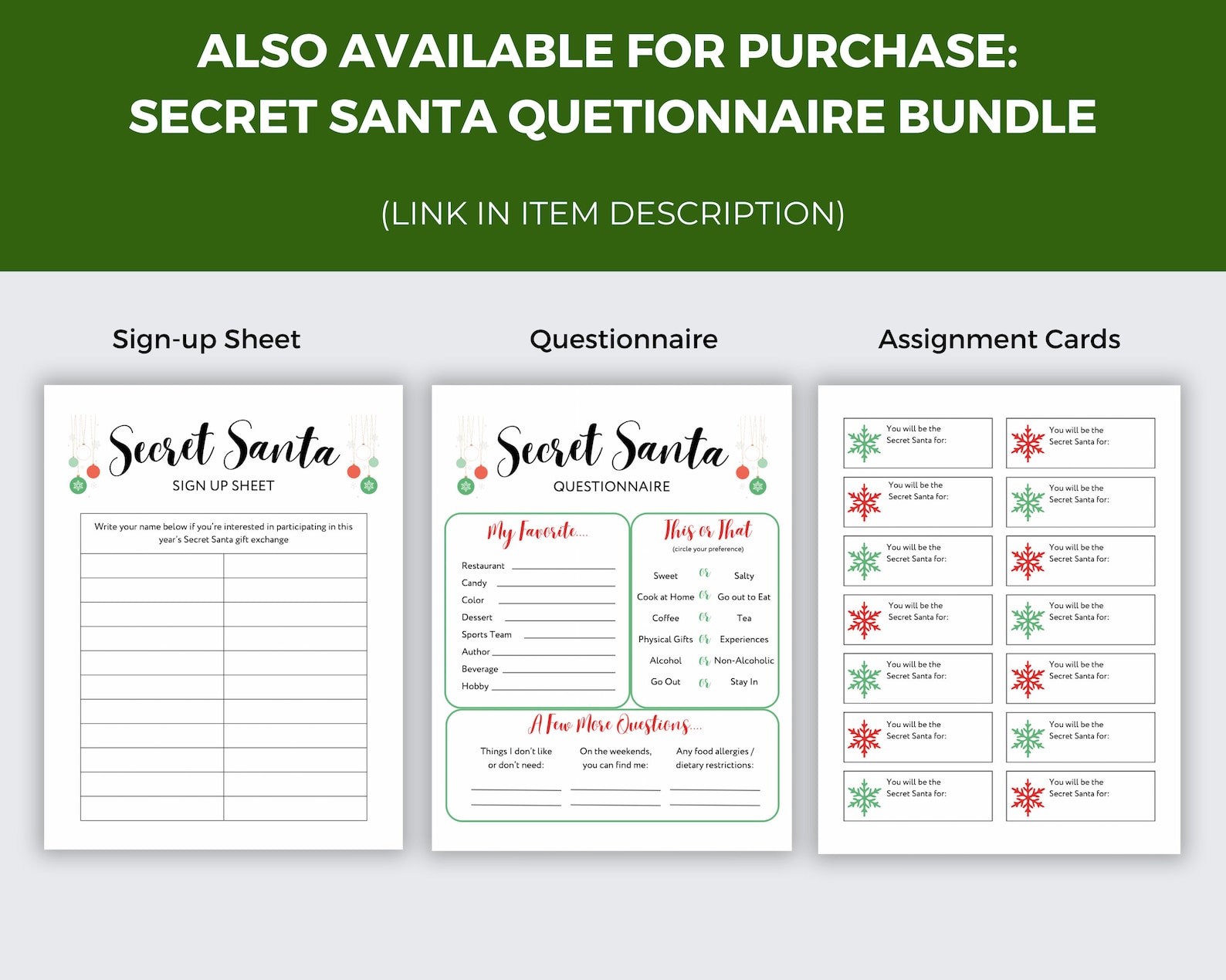 Secret Santa Questionnaire for Coworkers, Simple Secret Santa Form ...