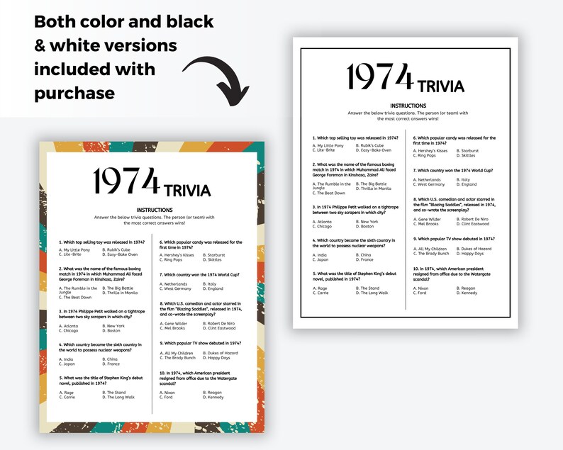 1974 Trivia Game, Born in 1974, 50th Birthday Game, 50th Anniversary ...