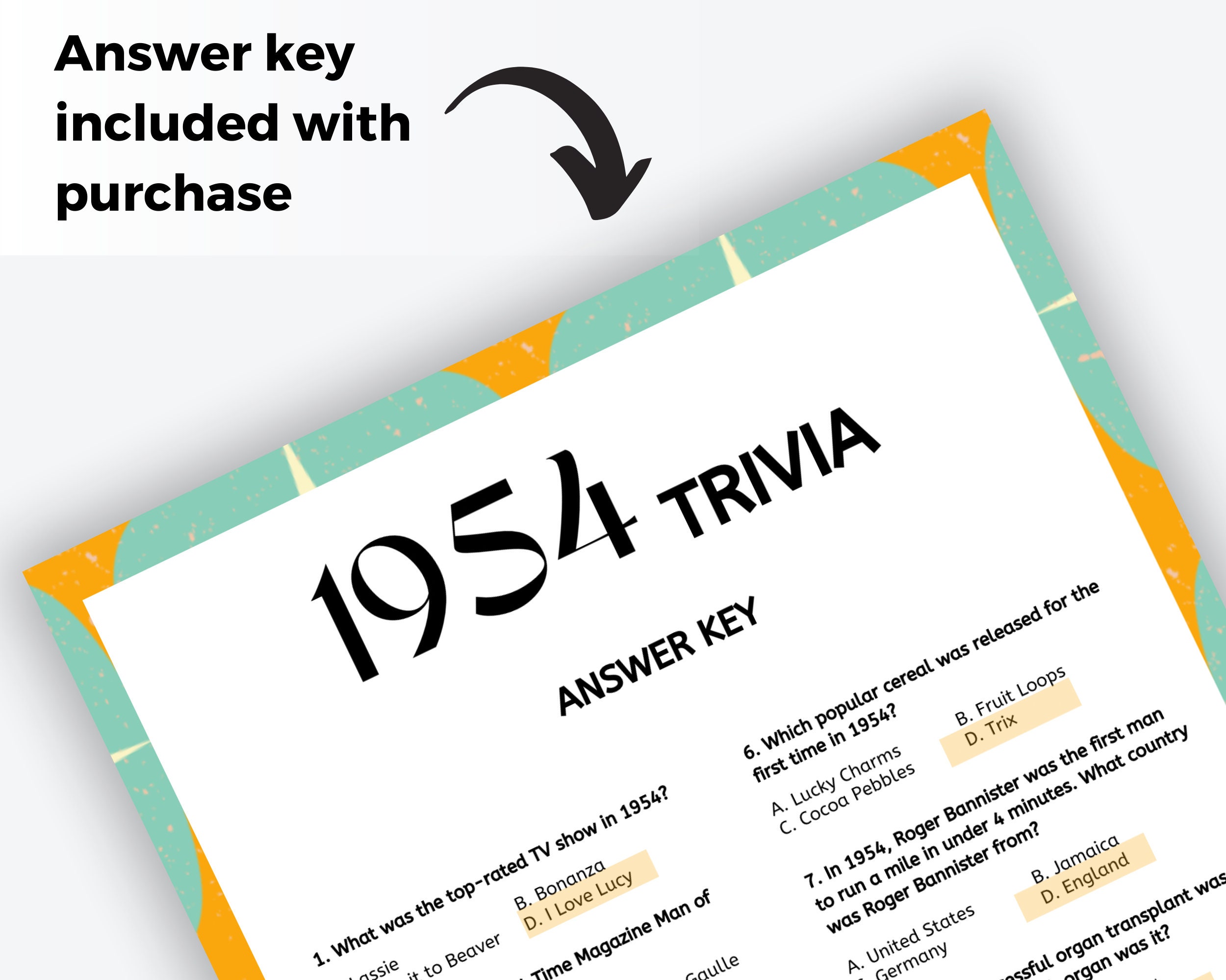 1954 Trivia Game, 70th Birthday Trivia, 1954 Birthday, Born in 1954 ...