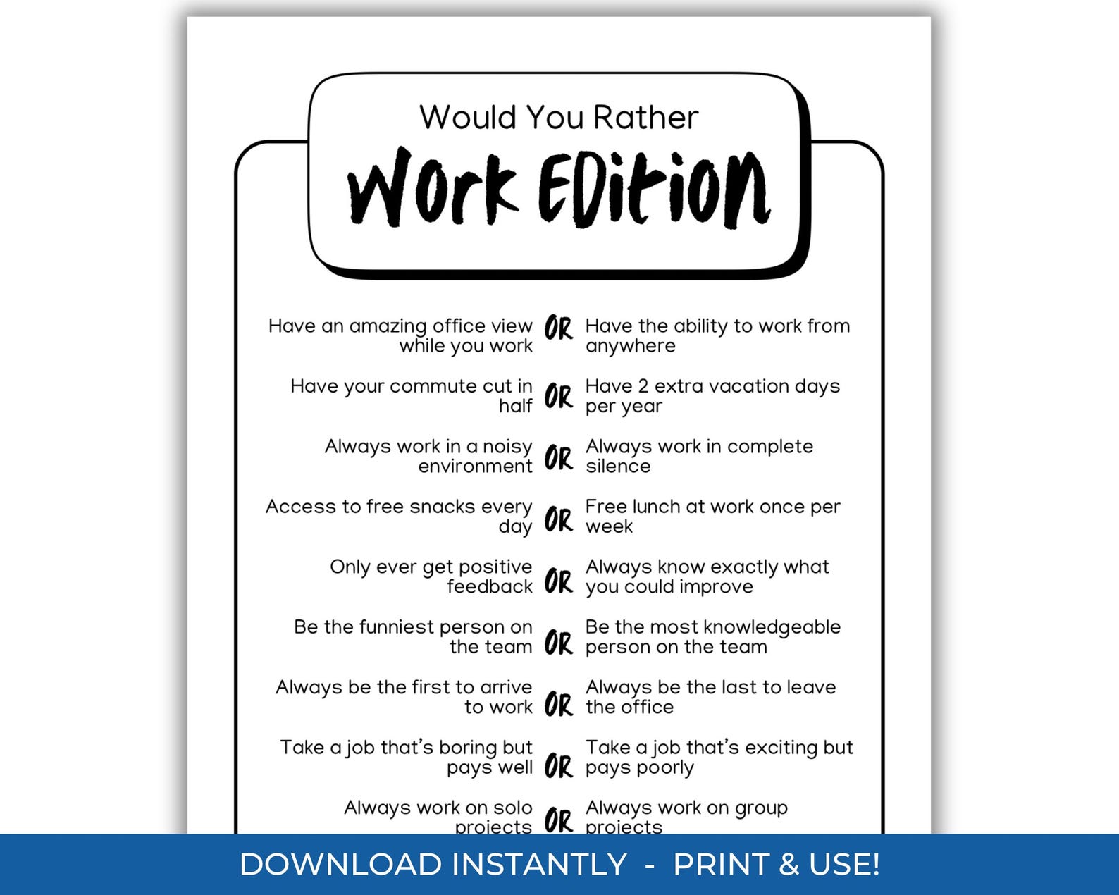 Would You Rather - Work Edition: Team Building Icebreaker (printable ...