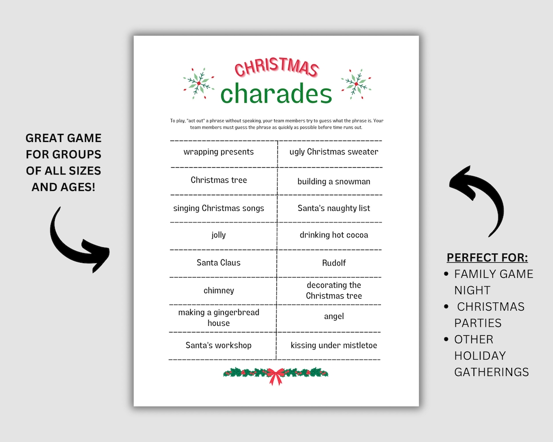 Christmas Charades Game, Printable Holiday Charades, Family Christmas ...