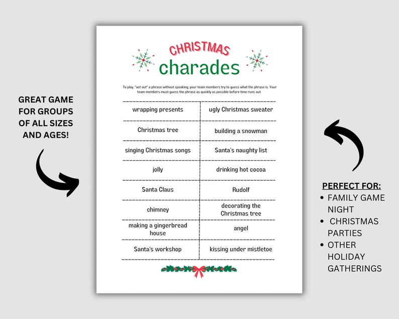 Christmas Charades Game, Printable Holiday Charades, Family Christmas ...