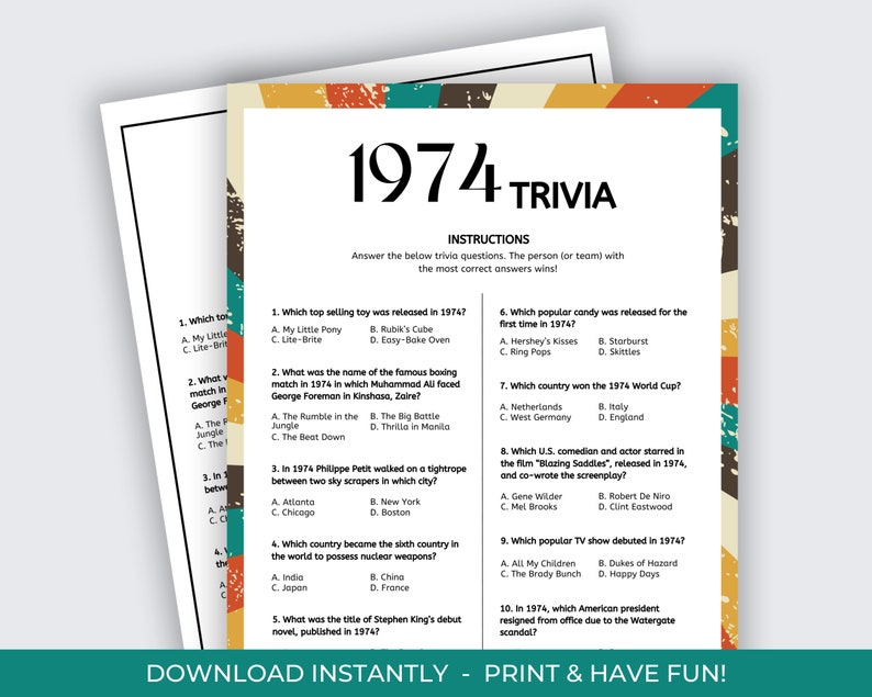 1974 Trivia Game, Born in 1974, 50th Birthday Game, 50th Anniversary ...