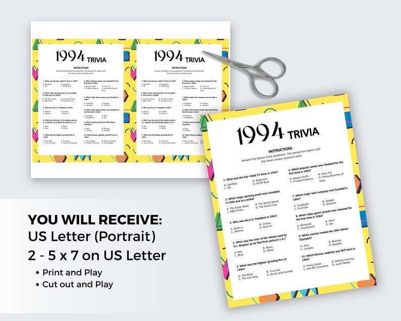 1994 Trivia Game, Born in 1994, 30th Birthday Game, 30th Anniversary ...