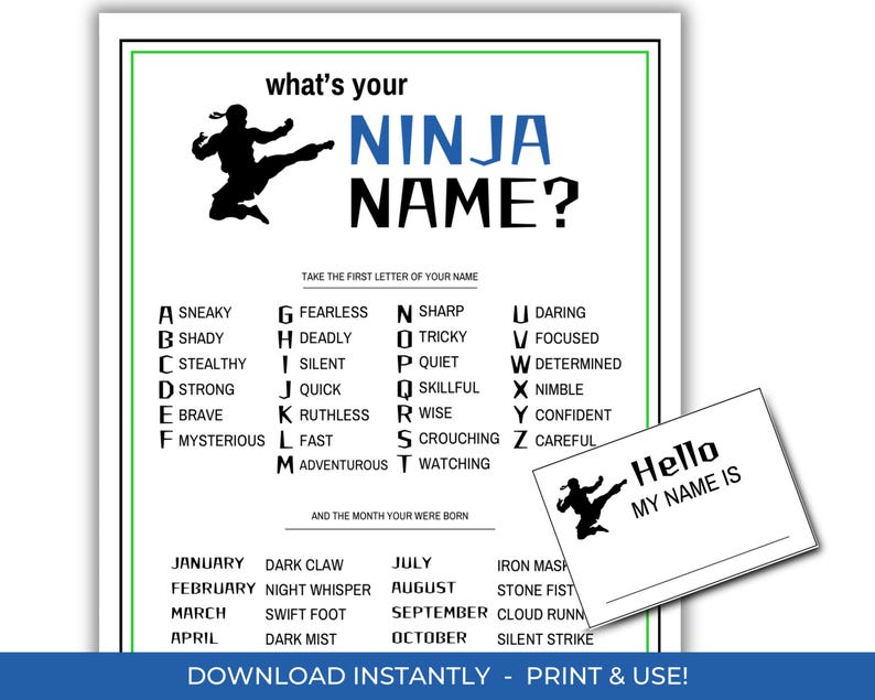 What’s Your Ninja Name Game, Printable Ninja Name Generator Activity ...