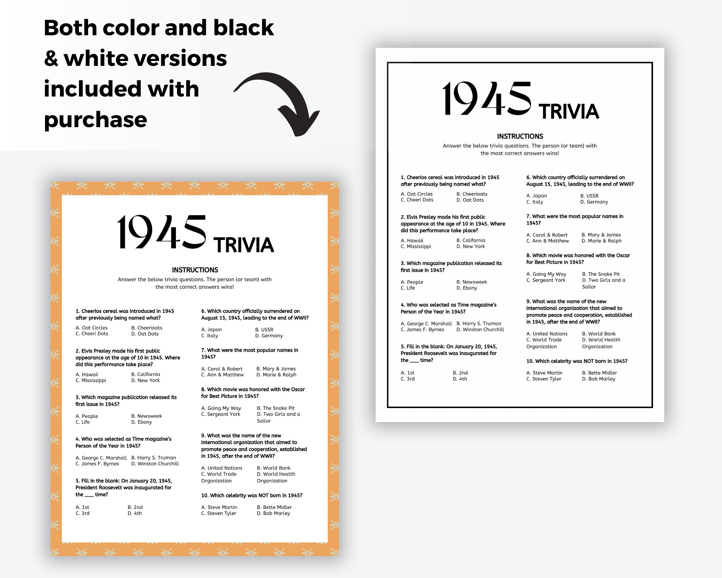 1945 Trivia Game, 80th Birthday Trivia, 1945 Birthday, Born in 1945 ...