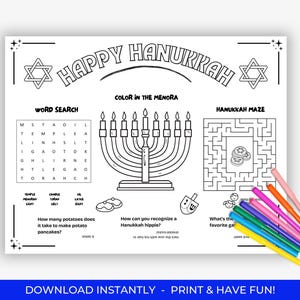 Hanukkah Activity Sheet: Kids Coloring Page, Maze, Word Search ...