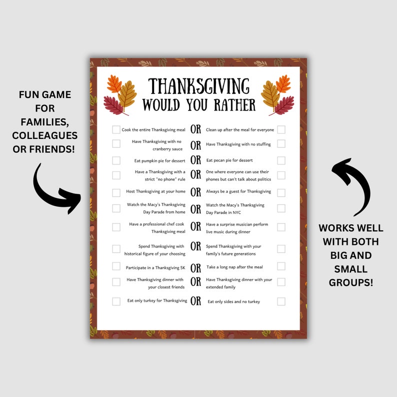 Thanksgiving Would You Rather Game, Thanksgiving Games, Thanksgiving ...